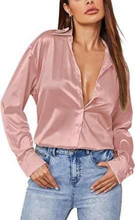 Zeagoo Chemisier en satin &agrave; col en V pour femme - Chemisier d&eacute;contract&eacute; en satin - Chemisier en soie - Haut &agrave; manches longues, rose, XXL