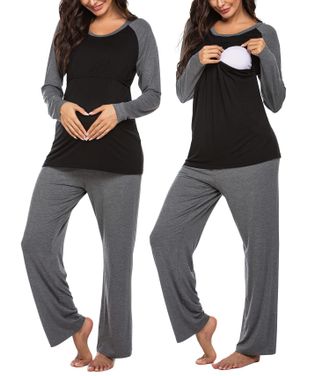 Ekouaer Stillschlafanzug Damen Umstandsschlafanzug Still Pyjama Lang Krankenhaus Schwangerschaft Sets Stillmode 1 Schwarz/Grau XXL