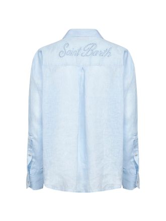 MC2 Saint Barth Womens Shirt Crystal Embroidered Light Blue Linen