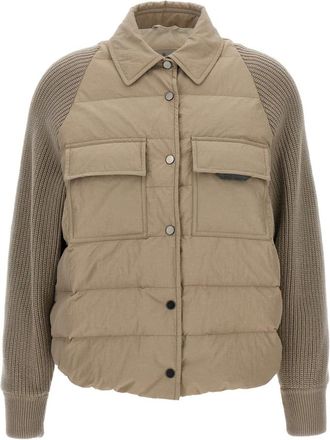 Brunello Cucinelli Femme, Vestes, Beige, Taille: 36 FR Doudoune Bicolore D&eacute;tails Rabat Brillants