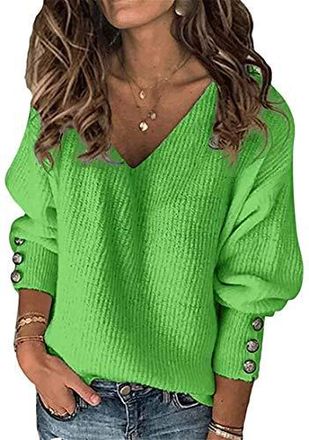 ORANDESIGNE Pull Femme Top Tricot Col en V Col Rond Chandail Manche Longue Manche de Lanterne Boutons Décoration Chandail Sweatshirt Automne Hiver B Vert XL
