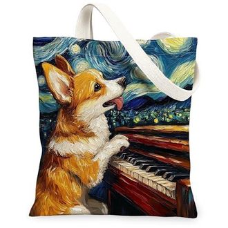 Generic Corgi Sac fourre-tout en toile r&eacute;utilisable pour faire du shopping Motif piano &eacute;toil&eacute; nuit 33 x 38 cm