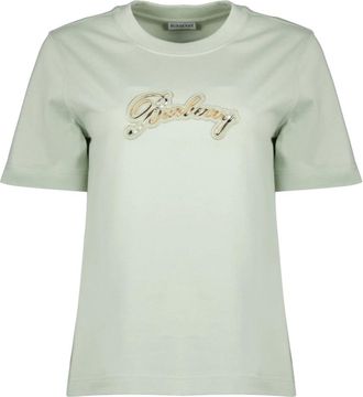 Burberry Femme, Tops, Vert, Taille: 38 FR T-shirt en coton avec logo Burberry Check cursif