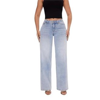 Generic Jean grande taille pour femme - Style vintage d&eacute;lav&eacute; - Extensible - Coupe droite - D&eacute;contract&eacute; - Taille haute - Contr&ocirc;le du ventre - Pour femme, bleu 