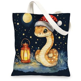 Generic Sac fourre-tout en toile de serpent de No&euml;l pour le shopping, 33 x 38 cm, mignon motif &eacute;toiles de No&euml;l, sac d&eacute;picerie r&eacute;utilisable pour femme, peintur