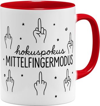OM3 lustige Mittelfinger Kaffee-Tasse mit Spruch - Hokuspokus Mittelfingermodus - Keramik Becher - 325ml - Beidseitig Bedruckt - Rot