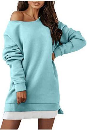 Generic Robe amincissante &agrave; manches longues et &eacute;paules d&eacute;nud&eacute;es pour femme, l&eacute;g&egrave;re, surdimensionn&eacute;e, couleur unie, robe pull midi, bleu, M