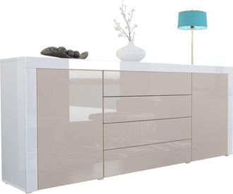 Vladon Sideboard Kommode La Paz, Made in Germany, Korpus in Wei&szlig; Hochglanz/Front in Sandgrau Hochglanz mit Rahmen in Wei&szlig; Hochglanz