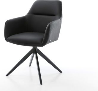 DELIFE Drehstuhl Pejo-Flex Echt-Leder Schwarz Kreuzgestell breit Schwarz 360° drehbar Wippfunktion Taschenfederkern, Esszimmerstühle