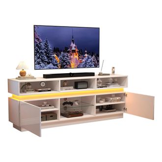 STILVORA Mobile Tv Con 10 Scomparti E Led, Ante Lucide Per Soggiorno, In Mdf E Vetro, Bianco, 160 X 35 X 60 Cm