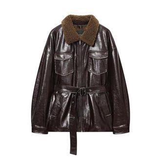 Generic Veste en cuir synth&eacute;tique avec fermeture &eacute;clair pour femme avec poches &agrave; ceinture fran&ccedil;aise, manteau de loisirs vintage au quotidien, 1, XS
