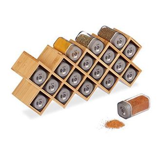 Relaxdays Gewürzregal mit 18 Gewürzstreuern, Bambus, Glas, Küchenorganizer Gewürze, stehend, HBT 18 x 44 x 9,5 cm, natur Transparent