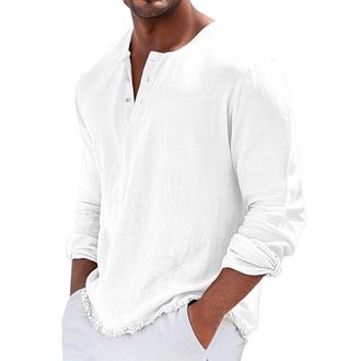 Generic Henley Chemise &agrave; manches longues en lin pour homme Polo &agrave; manches longues T-shirt d&eacute;t&eacute; boutonn&eacute; T-shirt de plage l&eacute;ger Ourlet ray&eacute; Manches longues Res