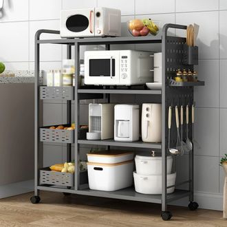 Generic K&uuml;chenablage mit Verstellbaren B&ouml;den, Mobiler Mikrowellenregal mit DIY-Stecktafel, Metall-B&auml;ckerregal mit Ausziehbarem Gitterkorb for Wohnzimmer, Lage