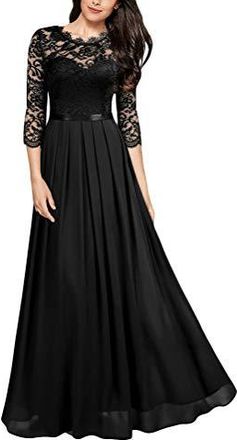 Minetom Femme Robe Élégant Robe de Soirée Manches 3/4 en Dentelle Florale Mousseline de Soie Robes Maxi de Fête Cocktail Ceremonie C Noir 42