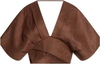 Weili Zheng Femme, Blouses et Chemises, Brun, Taille: 42 FR Crop Top &agrave; Manches P&eacute;tales