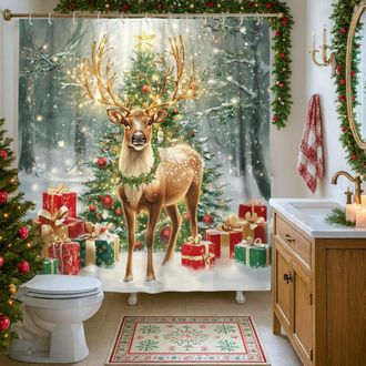 Generic Rentier-Duschvorhang, weihnachtliches Weihnachtsgeschenk, grünes Polyester, wasserdicht, Toilettenstoff, Duschvorhänge für Badezimmer, Badewanne, Wohn