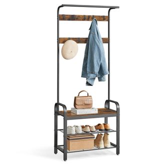 Vasagle Garderobenst&auml;nder, Garderobe, mit Schuhbank, 4-in-1 Design, 9 abnehmbare Haken, Kleiderstange, Eingangsbereich, Flur, 33,7 x 77 x 183 cm, Industrie-De