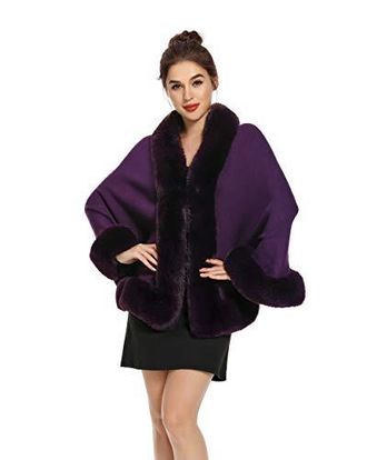 ZLYC Hiver Femme Fausse Fourrure Cape Chaud Tricot&eacute; Ponchos Mariage Ch&acirc;les(Violet),Taille Unique