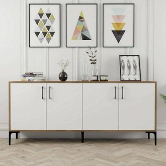 Dmora Kommode Orionis, Wohnzimmerbuffet, Wohnzimmer-Sideboard, Moderne K&uuml;chen-Speisekammer, 180x35h78 cm, Walnuss und Wei&szlig;