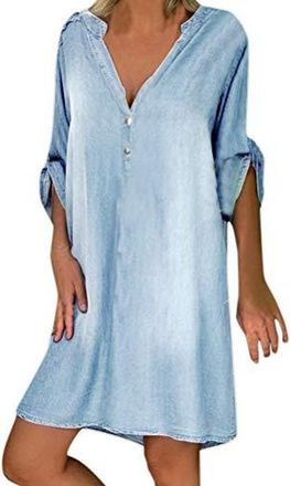 Onsoyours Robe Été Femme De Plage Rétro Denim Robes Col V Au Genou Manches Simple Casual Robe Shirt Simple Mode Casual Tuniques Longue Chemisier en Jean sans Ac