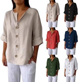Generic HUIFUAO - Chemise d&eacute;t&eacute; &agrave; manches 3/4 en lin pour femme, grande taille, l&eacute;g&egrave;re et respirante, haut habill&eacute; &agrave; boutons, chemisier de bureau &eacute;l&eacute;gant, chem