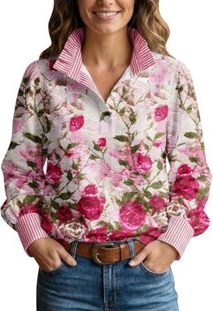 Generic 2026 Chemisier Femme Chic Et &Eacute;l&eacute;gant Saint-Valentin Tee Shirt Soft Manches Longues Haut Col en V Boutonn&eacute; Tunique Couleur Unie Chemisier Grande Taille