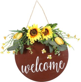 DOITOOL Sonnenblumenkranz mit Biene T&uuml;ranh&auml;nger aus Holz Langlebige H&auml;ngende Dekoration f&uuml;r Haust&uuml;r und Wohnzimmer Elegante Fr&uuml;hlings Gartendeko Wetterfest f&uuml;