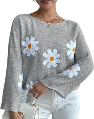 Generic Joli pull printanier à motif floral pour femme avec motif floral unique, gris, Taille M