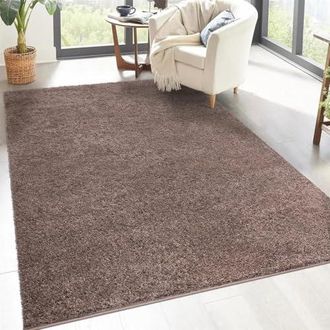 Carpet City Shaggy Tapis &agrave; poils longs - 150 x 150 cm Carr&eacute; - Brun - Tapis de salon &agrave; poils longs - Motif uni moderne - Tapis doux et moelleux pour d&eacute;coration de 