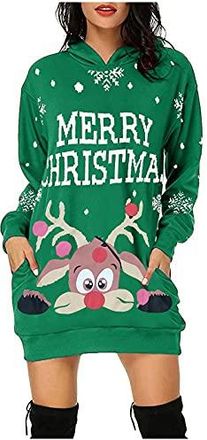 Generic Robe de Noël à capuche en tricot à manches longues pour femme Motif flocon de neige avec poches Merry Christmas, Vert, 3XL