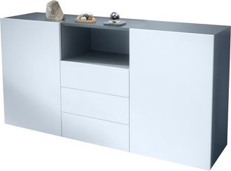 Vladon Sideboard Skadu Neo, Kommode mit 2 Türen, 3 Schubladen und 1 offenem Fach, Anthrazit matt/Weiß matt (138,5 x 71,5 x 35 cm)