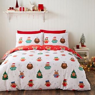 Catherine Lansfield Wende-Bettwäsche-Set mit Kissenbezügen, Motiv: Rotkehlchen, für King-Size-Bett, Grau