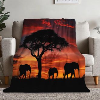 Generic Kuscheldecken 150 X 200 cm Weich Decke,Flanelldecke Orange Schwarz Mikrofaser Kuscheldecke, Sofadecke Für Kinder Landschaft Elefant Sonnenuntergang De