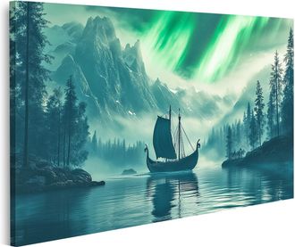 Islandburner Bild auf Leinwand Nordlichter &Uuml;ber Einem Wikinger Schiff Bilder Wandbilder Poster