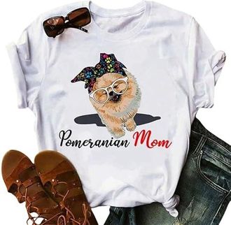 Keephen Graphique Pomeranian T-Shirt Femmes Propri&eacute;taire de Chien Pomeranian T-Shirt Mignon Pom Impression 3D Manches Courtes Tops Col Rond Streetwear