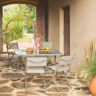 Sweeek Table de jardin pliante acier + 4 assises textil&egrave;ne kaki - Ancona