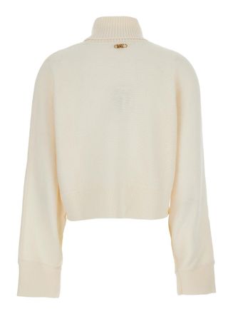 Michael Michael Kors Womens White Cropped Turtleneck Sweater With Logo Plaque Merino Wool Tops Top