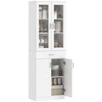 HOMCOM Highboard K&uuml;che, K&uuml;chenschrank, Geschirrschrank, 4 T&uuml;ren davon 2 aus Glas, Schublade, verstellbare Regale, ged&auml;mpfte Schlie&szlig;ung, Aufbewahrungsm&ouml;bel f&uuml;