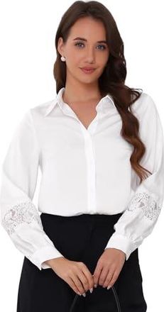 Allegra K Chemisier de Bureau Élégant Femme Col Pointu Chemise en Satin Manches Longues Blouse daffaires Décontractée Boutonnée Blanc L