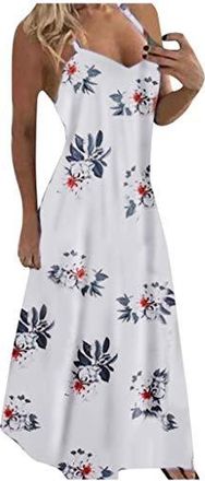 Generic Robe boh&egrave;me pour femme, col en V, imprim&eacute; floral, sans manches, &eacute;l&eacute;gante, blanc, 3XL