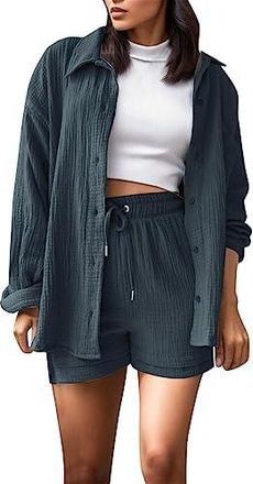 Generic Ensemble 2 pi&egrave;ces pour femme - Tenue de plage assortie - Chemise deux pi&egrave;ces &agrave; manches longues et short &agrave; cordon de serrage - Surv&ecirc;tement d&eacute;t&eacute; 2026 as