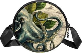 Generic Petit sac &agrave; bandouli&egrave;re rond vintage avec fermeture &eacute;clair et bretelles r&eacute;glables pour femme et fille Motif feuille de poulpe