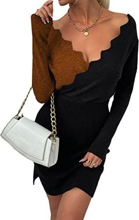 Onsoyours Robe Pull Femme Couleur Unie Manches Longues Pullover Col Roul&eacute; Robe Tricot&eacute; Automne Hiver Chandail Mini Robe A Marron M