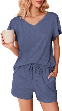 Ekouaer Pyjama Court pour Femme Ensemble Pyjama Dété Confortable Manche Courte Short avec Poches Latérales Ensemble,Bleu Marine S