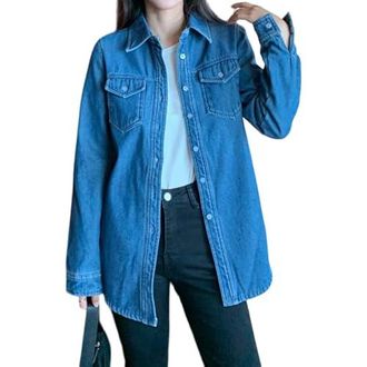 Generic Chemise en jean &agrave; manches longues boutonn&eacute;e pour femme - Confortable - Doublure en polaire - D&eacute;contract&eacute;e - Haut confortable, bleu clair, 3XL