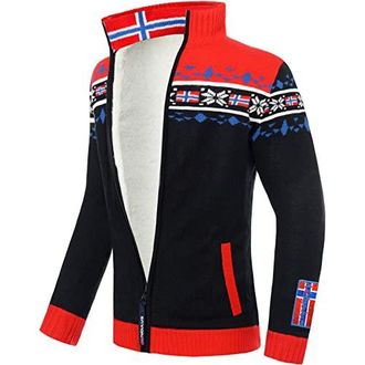 Nebulus Veste tricot&eacute;e canadienne chaude pour homme avec col montant, pull zipp&eacute; style norv&eacute;gien, Noir/rouge, L