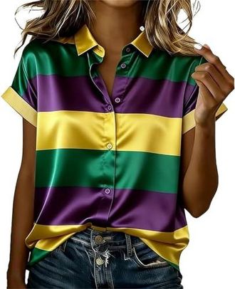 Generic Chemise ray&eacute;e pour femme - Tenue de vacances d&eacute;contract&eacute;e - Col ray&eacute; - Manches courtes - Chemise boutonn&eacute;e pour femme, multicolore, XXL