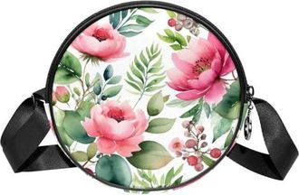 Generic Petit sac &agrave; bandouli&egrave;re circulaire pour femme, motif feuilles florales, sac &agrave; dos avec fermeture &eacute;clair, bretelles r&eacute;glables, sac &agrave; main rond d&eacute;contra