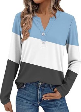 Generic Haut à manches longues boutonné et col en V pour femme - Décontracté et léger, Z04-bleu, 3XL